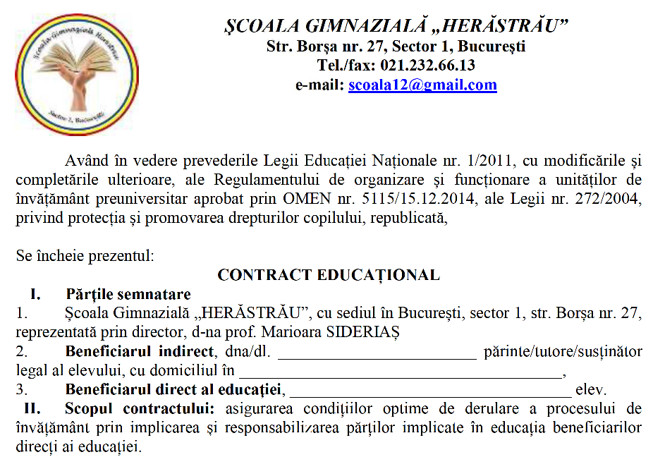 Contract educational – Scoala Gimnazială "Herăstrău"